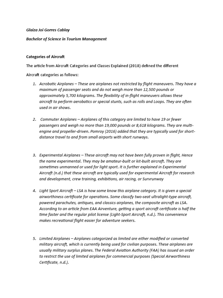 Categories of Aircraft: Glaiza Joi Gorres Cablay Bachelor of Science in ...
