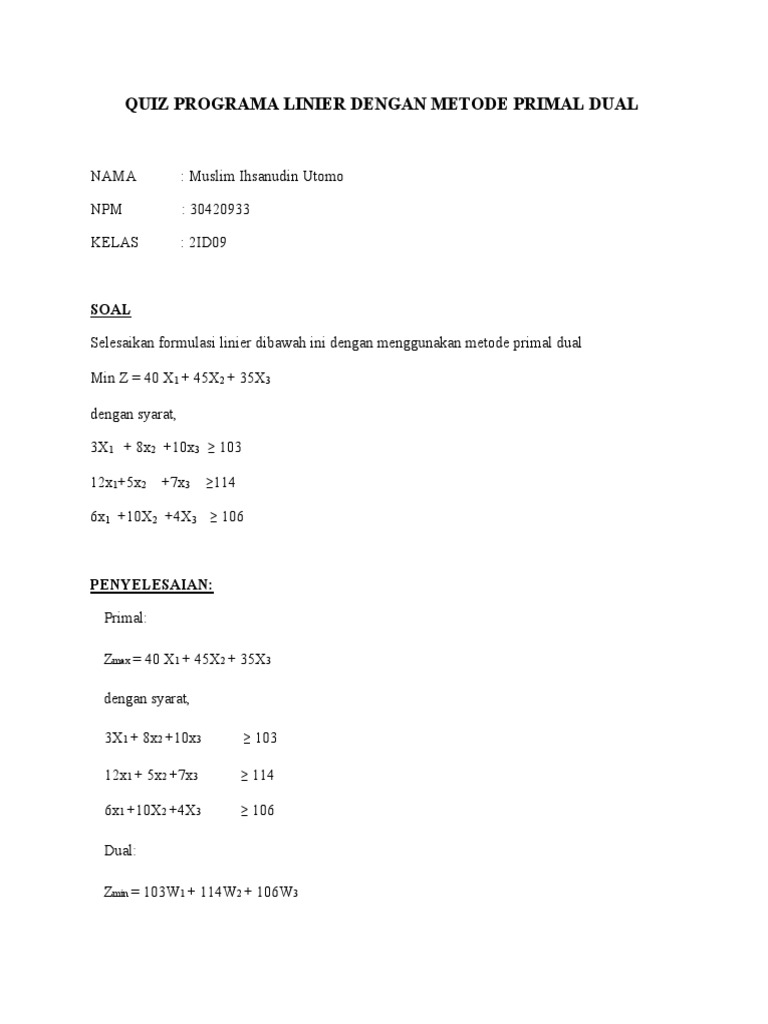 Kuis Program Linier Primal-Dual | PDF