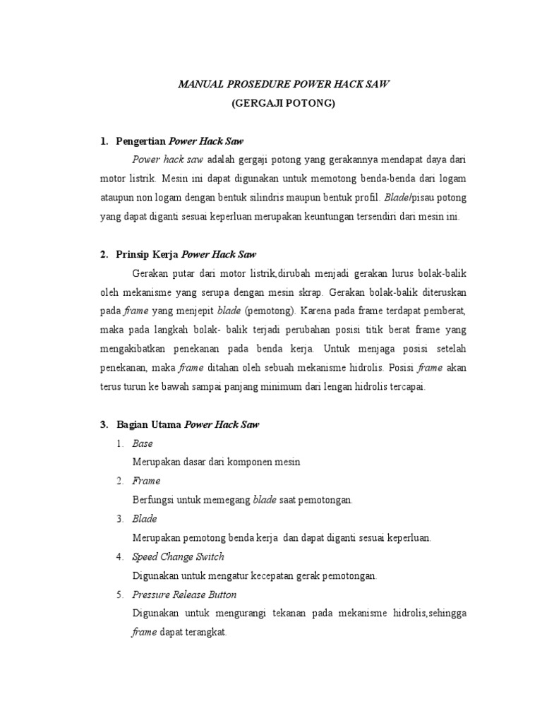 Panduan Penggunaan Power Hack Saw | PDF | Teknologi & Rekayasa