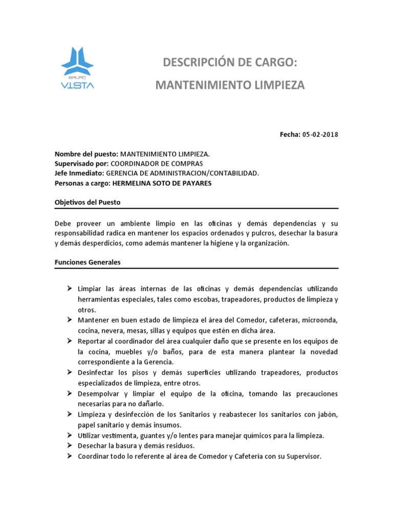 Descripción de Cargos Mantenimiento - Limpieza 06 05 21 | PDF | Residuos