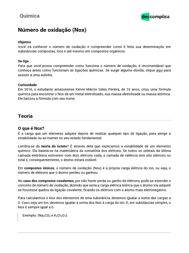 Número de Oxidação (Nox) | PDF | Ligação química | Química