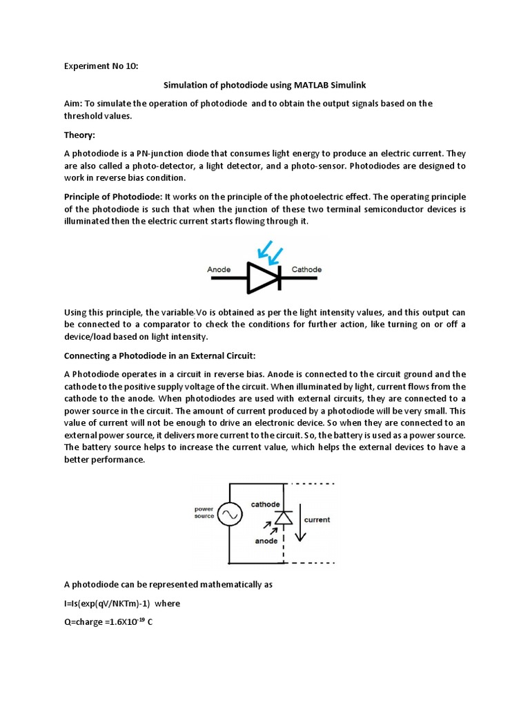 Experiment No10 Simulation Of Photodiode Using Matlab Simulink Pdf