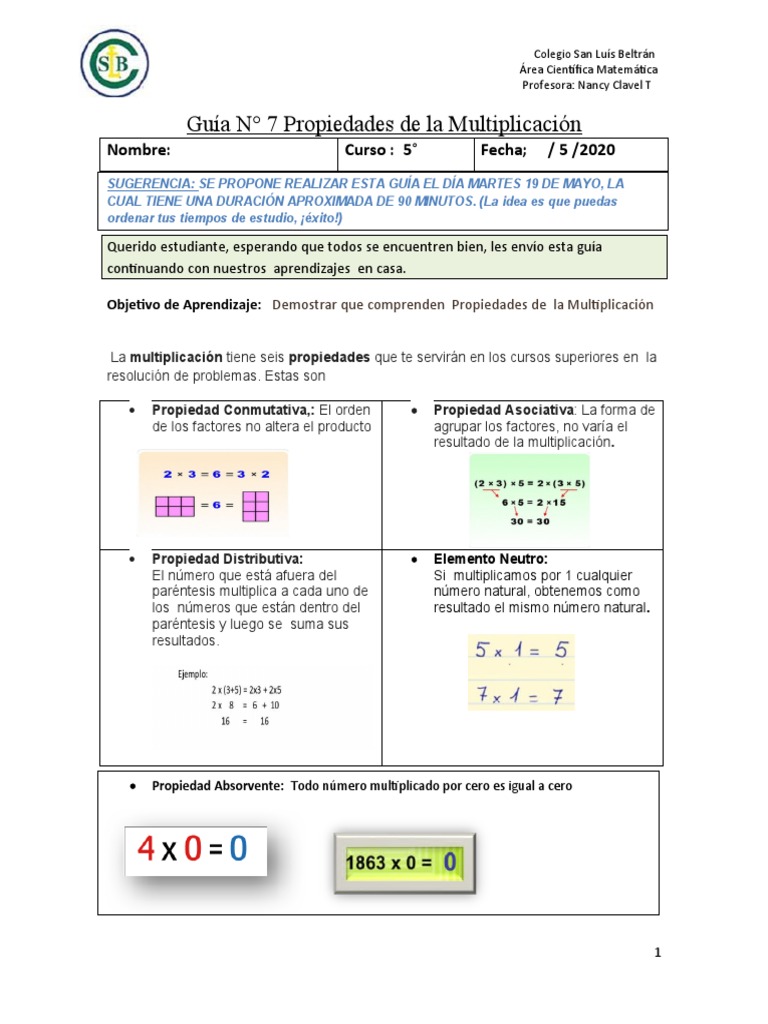 MATEMÁTICA 5°básico Propiedades de La Multiplicación Semana 18 de Mayo | PDF | Multiplicación ...