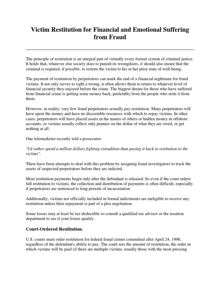 Victim Restitution For Financial and Emotional Suffering From Fraud ...