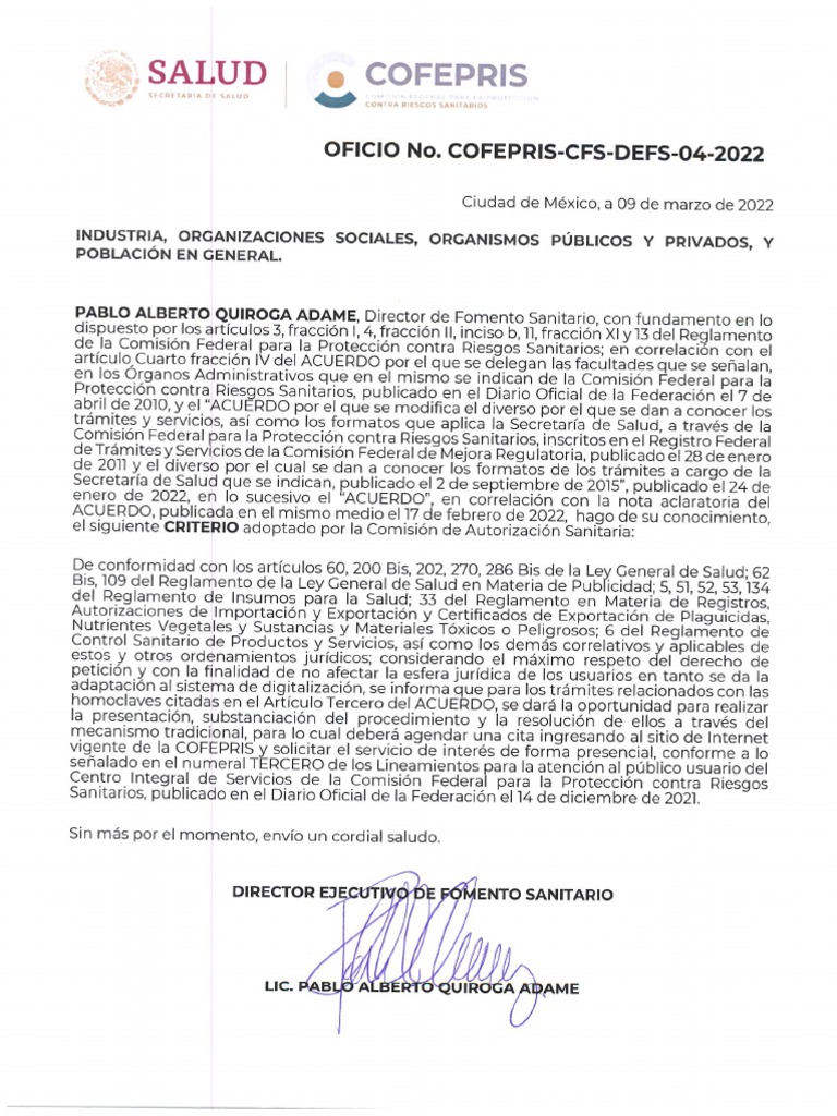 OFICIO No. COFEPRIS-CFS-DEFS-04-2022 | PDF