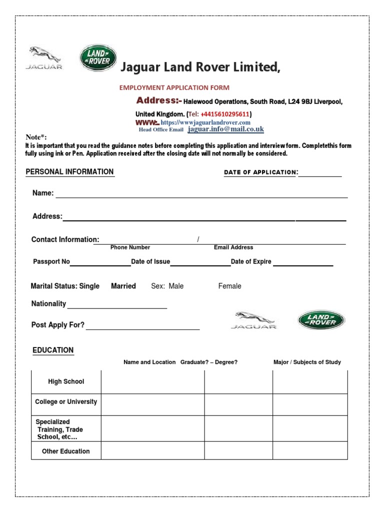 Jaguar Land Rover Application Form and Interview Form | PDF
