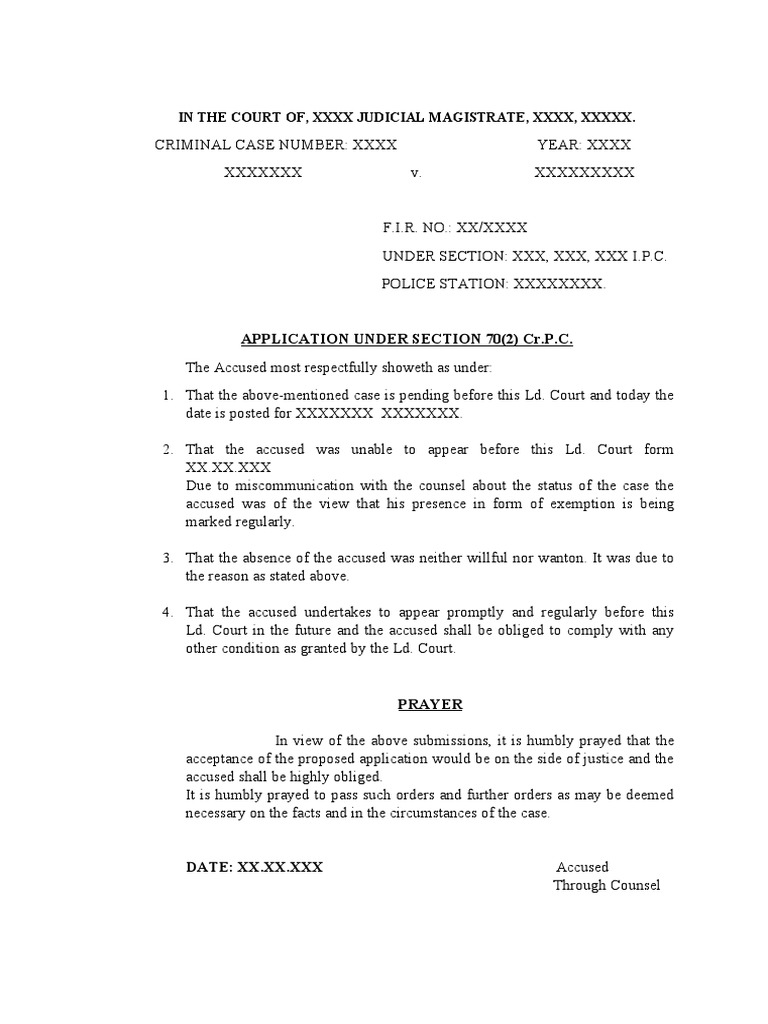 APPLICATION UNDER SECTION 70 (2) Cr.P.C. | PDF