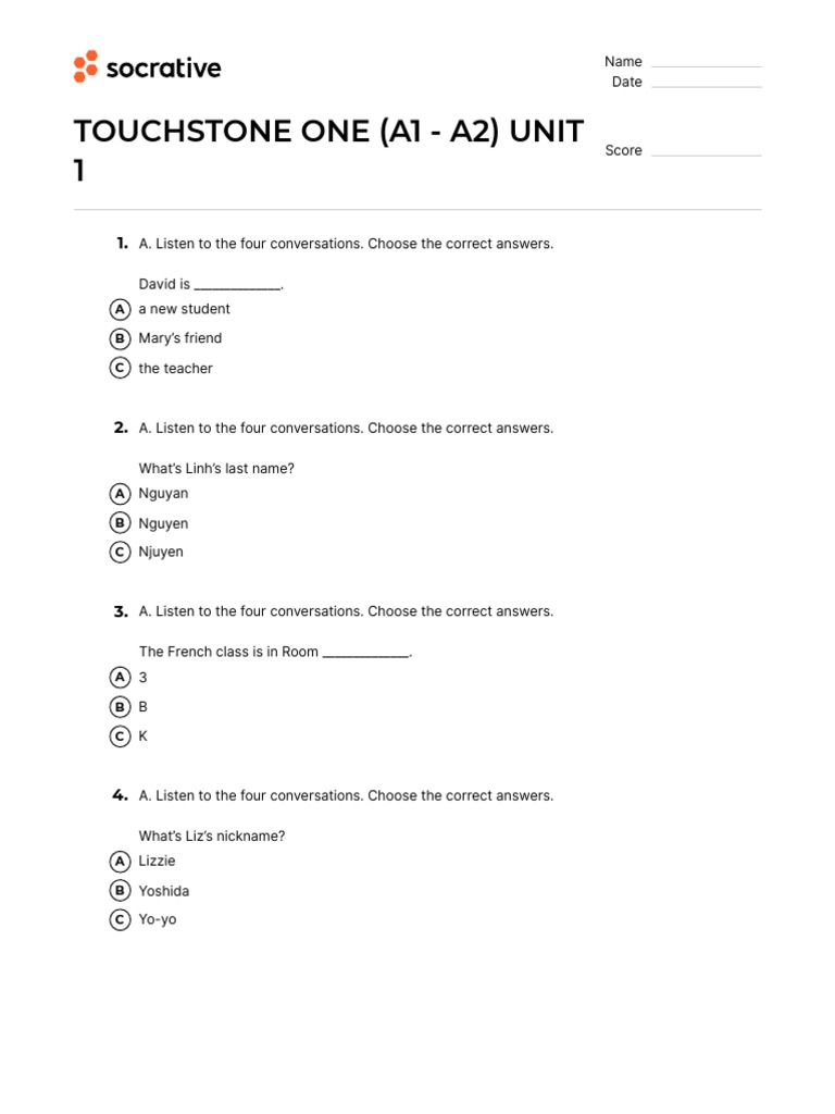 Quiz - TOUCHSTONE ONE (A1 - A2) UNIT 1 | PDF