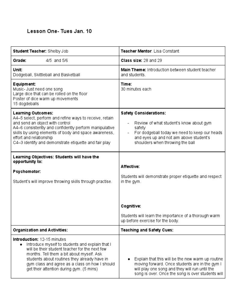 Gym Lesson Plans | PDF | Teachers | Cognitive Science Gym Lesson Plans | PDF | Teachers | Cognitive Science