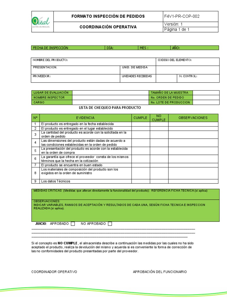 f4v1 PR Cop 002 Formato Inspeccion Pedidos | PDF