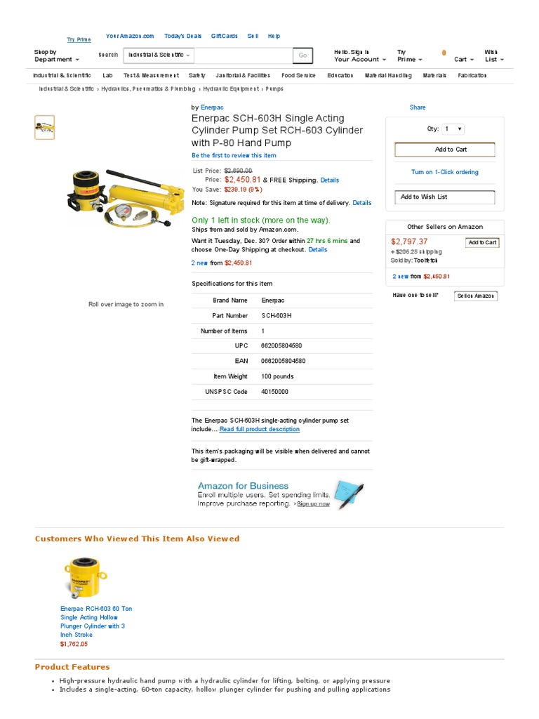 Enerpac SCH 603H Single Acting Cylinder Pump Set RCH 603 Cylinder With ...