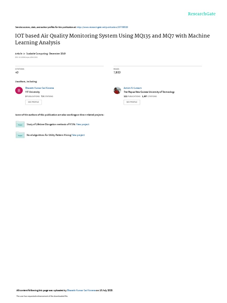Iot Based Air Quality Monitoring System Using Mq13 Pdf Logarithm Internet Of Things