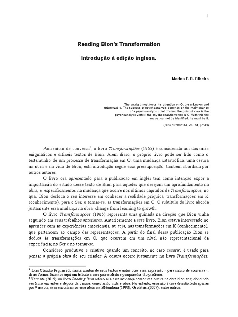 Reading Bion's Transformation Final | PDF | Experiência | Psicanálise