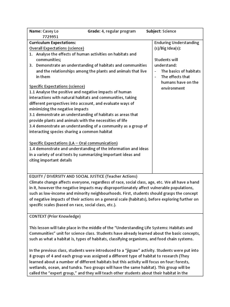 Human Impact on Habitats Lesson Plan | PDF | Teachers | Community