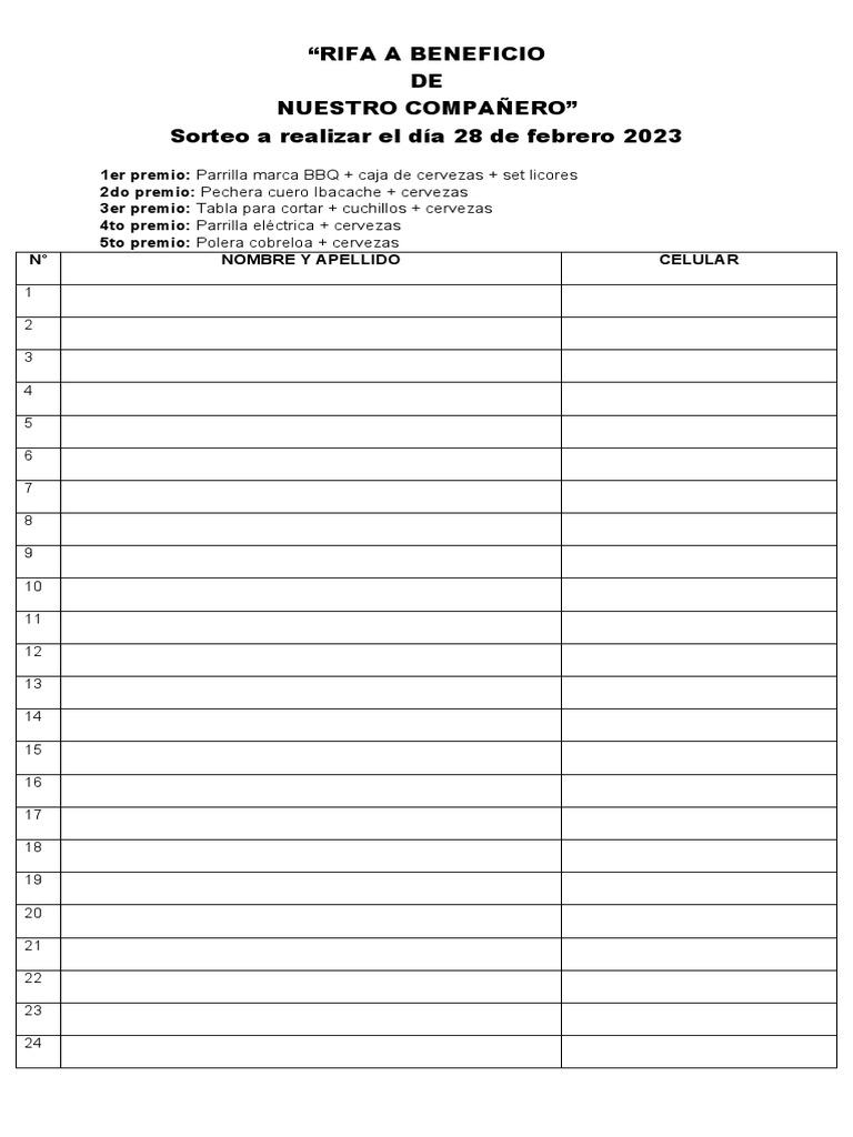 Rifa a Beneficio: Premios y Detalles | PDF | Juegos y actividades | Cocina, comidas y vino