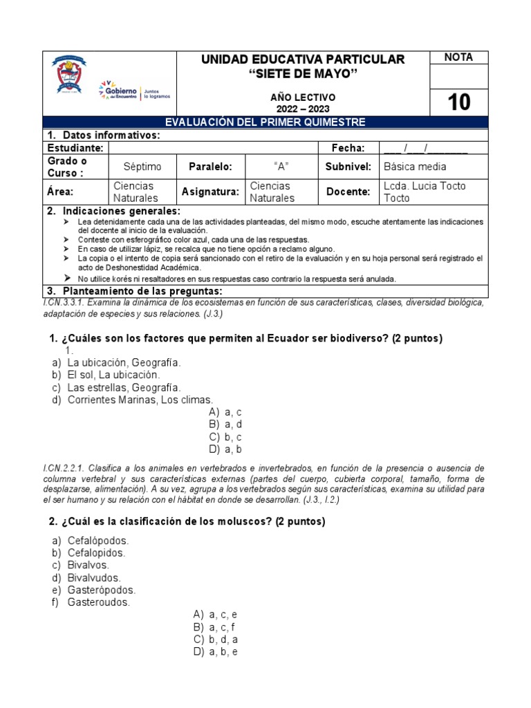 Evaluaciones CCNN - Septimo Año Modificada | PDF | Biología