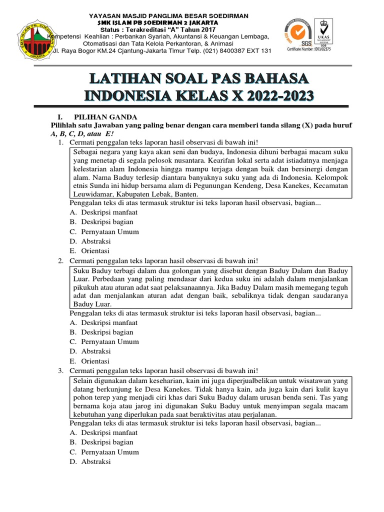 Latihan Soal Pas Ganjil B Indo Kelas X 2022-2023 | PDF