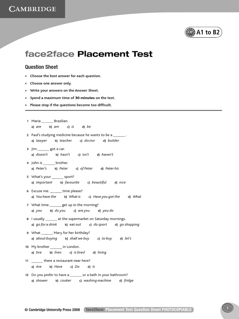 Face2face Placement Test | PDF | Leisure