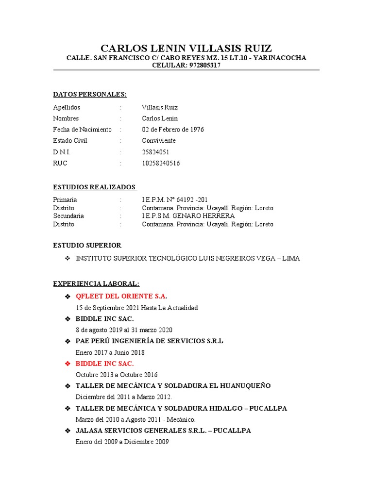 CV Carlos Lenin Villasis Ruiz Mecánico Experiencia Laboral | PDF