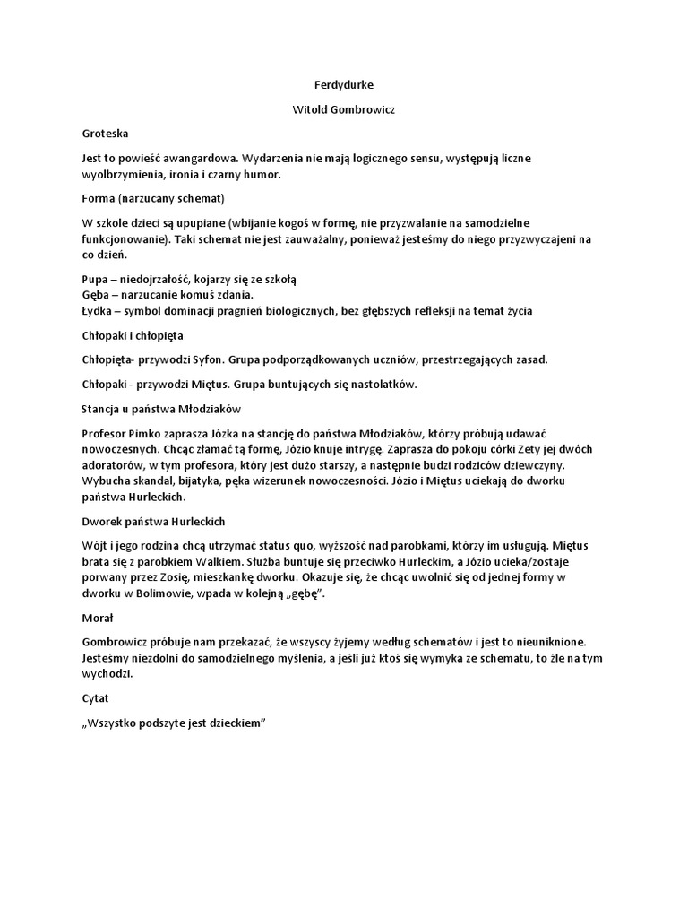 Ferdydurke - Witold Gombrowicz - Notatki | PDF