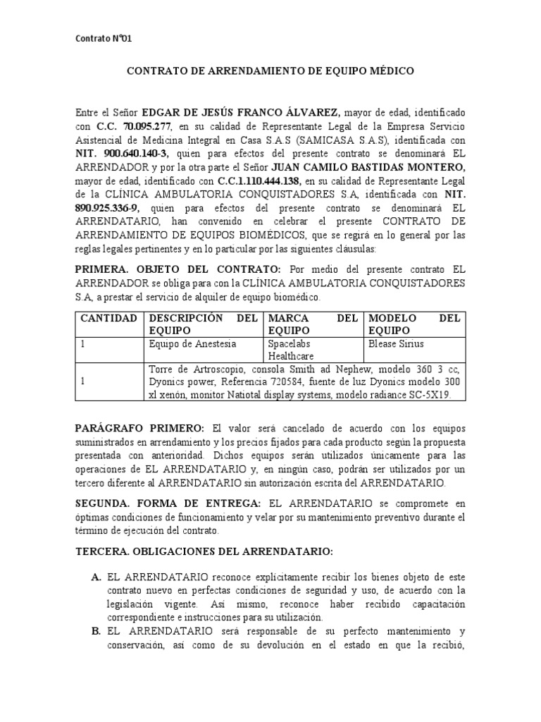 Contrato de Arrendamiento de Equipo Médico | PDF | Derecho civil (sistema legal) | Justicia