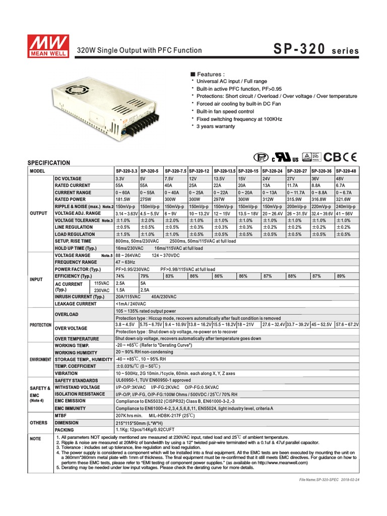 Specifications and performance details of the SP-320 series single output power supply with ...
