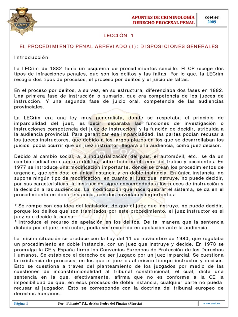 Lección 1 El Procedimiento Penal Abreviado (I) : Disposiciones Generales | PDF | Sentencia (ley ...