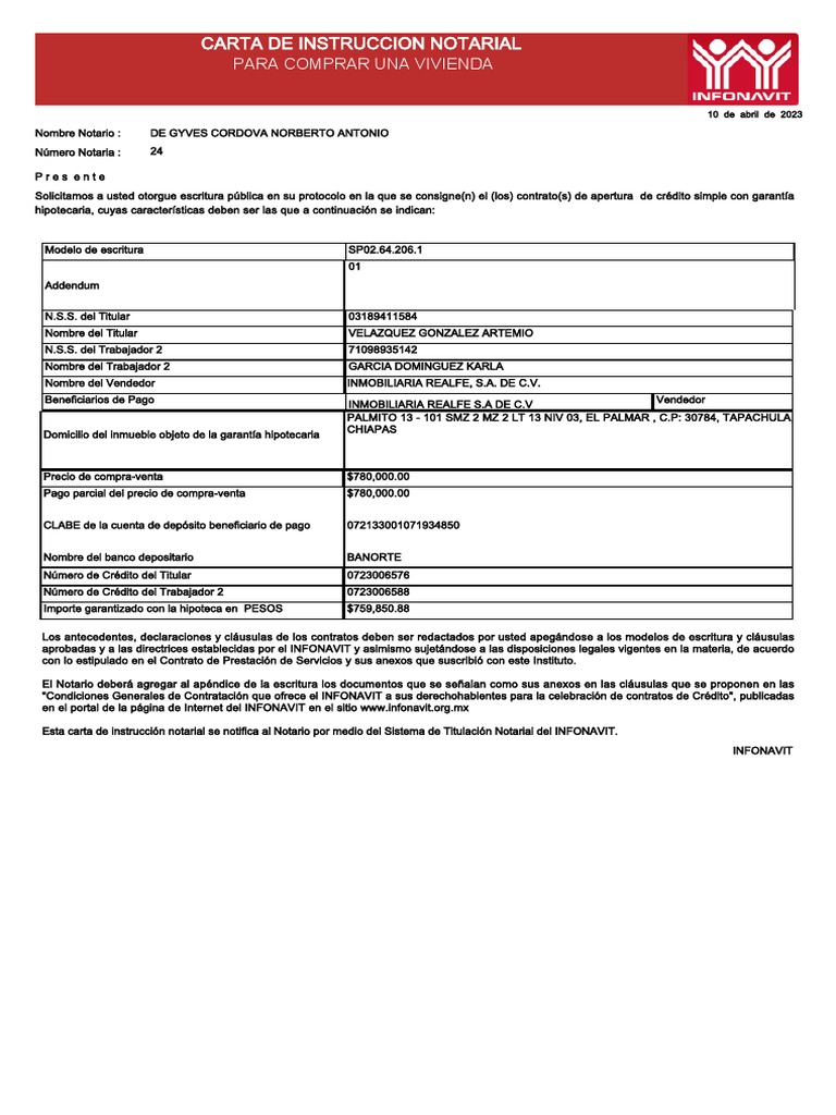 Carta de Instruccion Notarial: para Comprar Una Vivienda | PDF ...