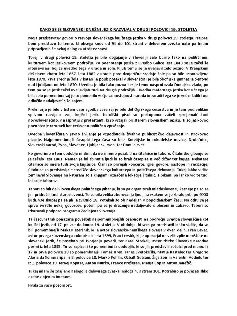 Kako Se Je Slovenski Knjižni Jezik Razvijal V Drugi Polovici 19 | PDF