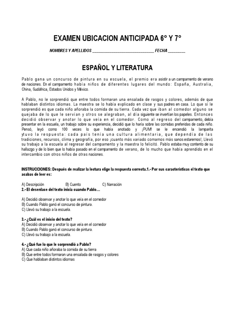 Examen de Ubicacion Anticipada Modulo 6 y 7 PDF | PDF | Verbo | Oración (Lingüística)