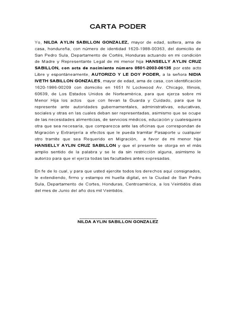Carta poder para el cuidado y representación legal de una menor | PDF
