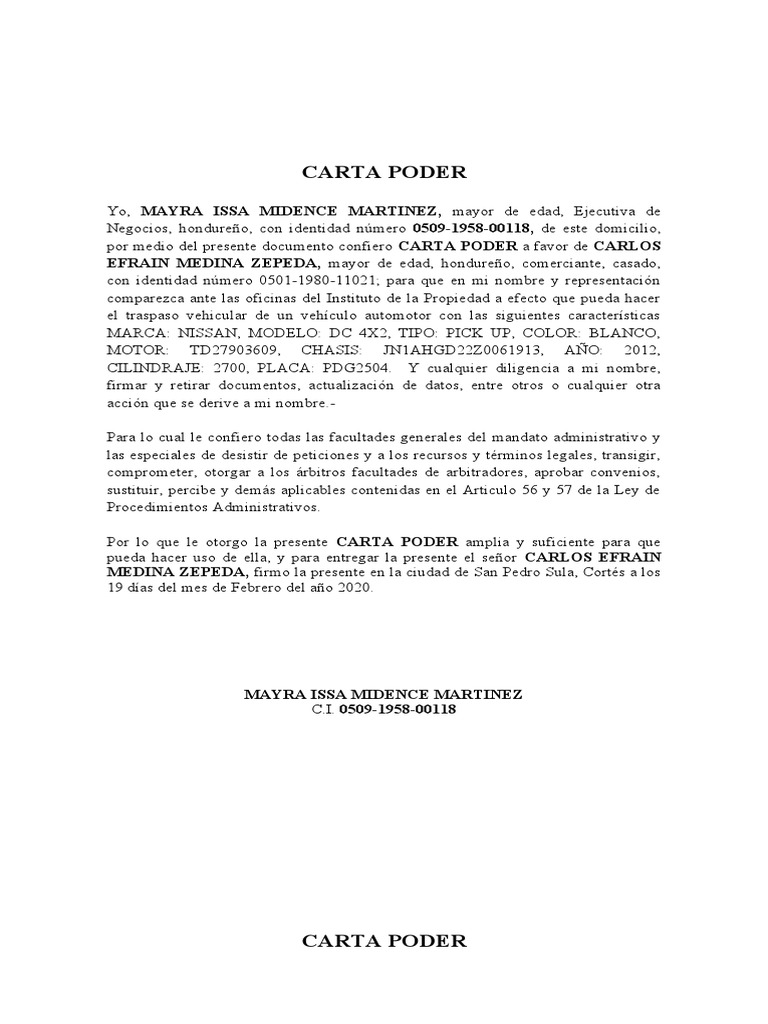 Carta Poder | PDF | Honduras | Industria automotriz