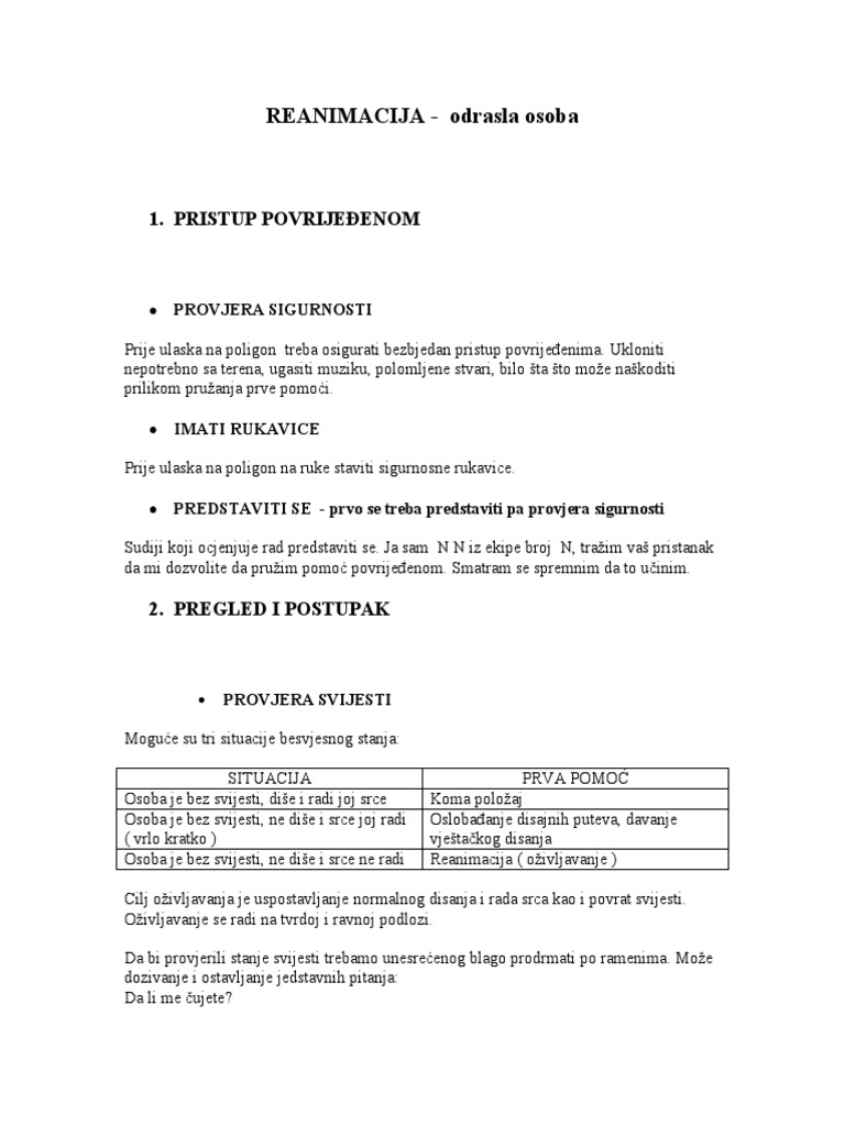REANIMACIJA - Odrasla Osoba: 1. Pristup Povrijeđenom | PDF