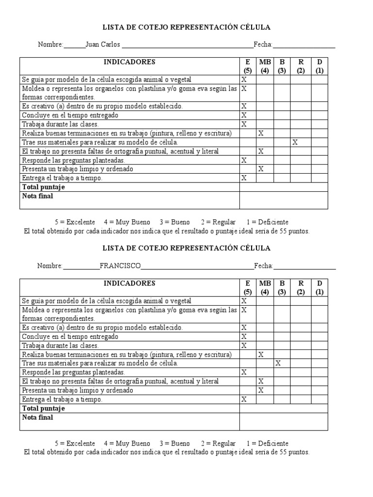 Lista de Cotejo Representación Célula | PDF | Biología Celular ...