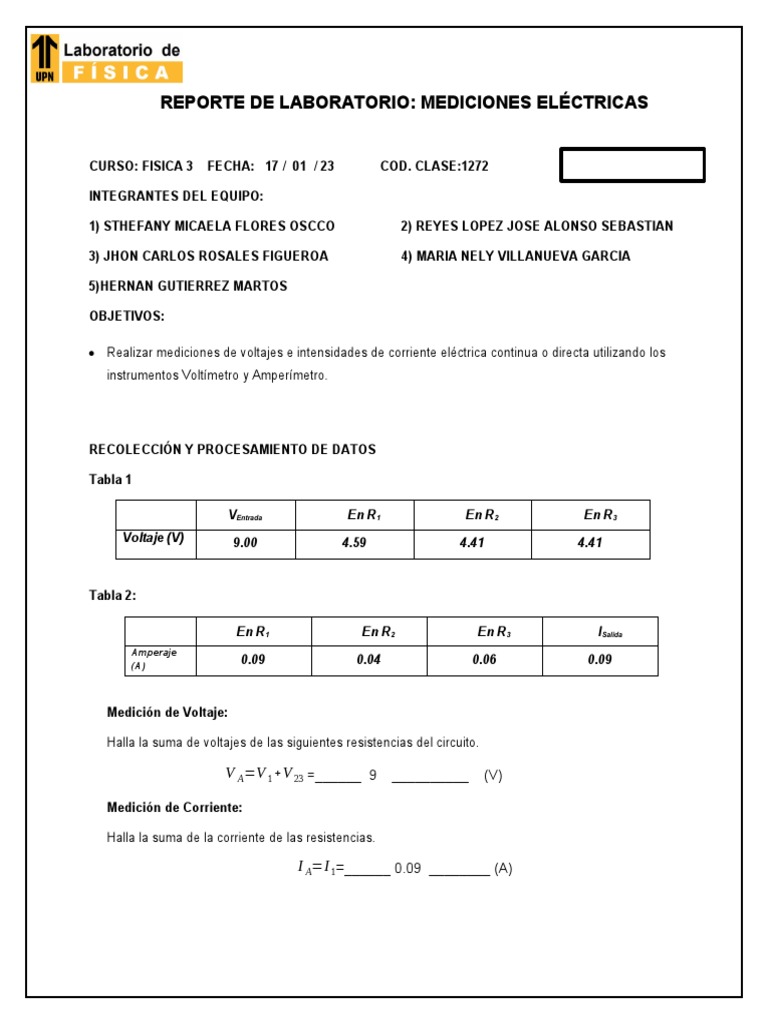 Reporte de Laboratorio: Mediciones Eléctricas: V Enr Enr Enr Voltaje (V) 9.00 4.59 4.41 4.41 ...