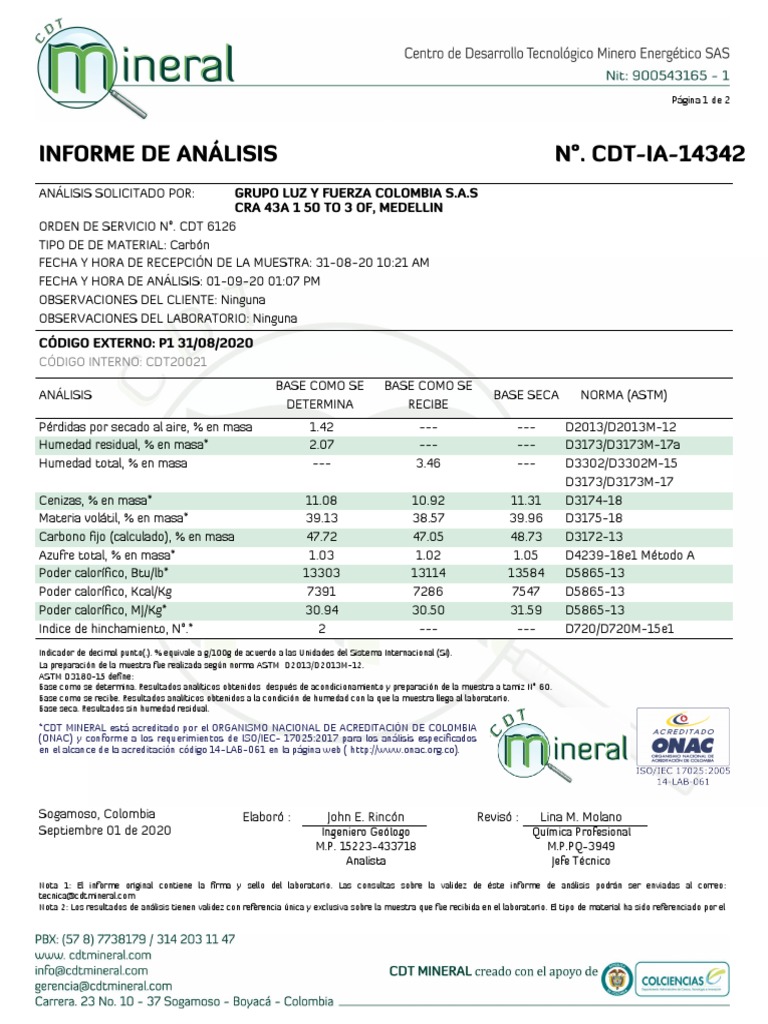 Análisis de Carbón CDT-IA-14342 | PDF | Laboratorios | Naturaleza