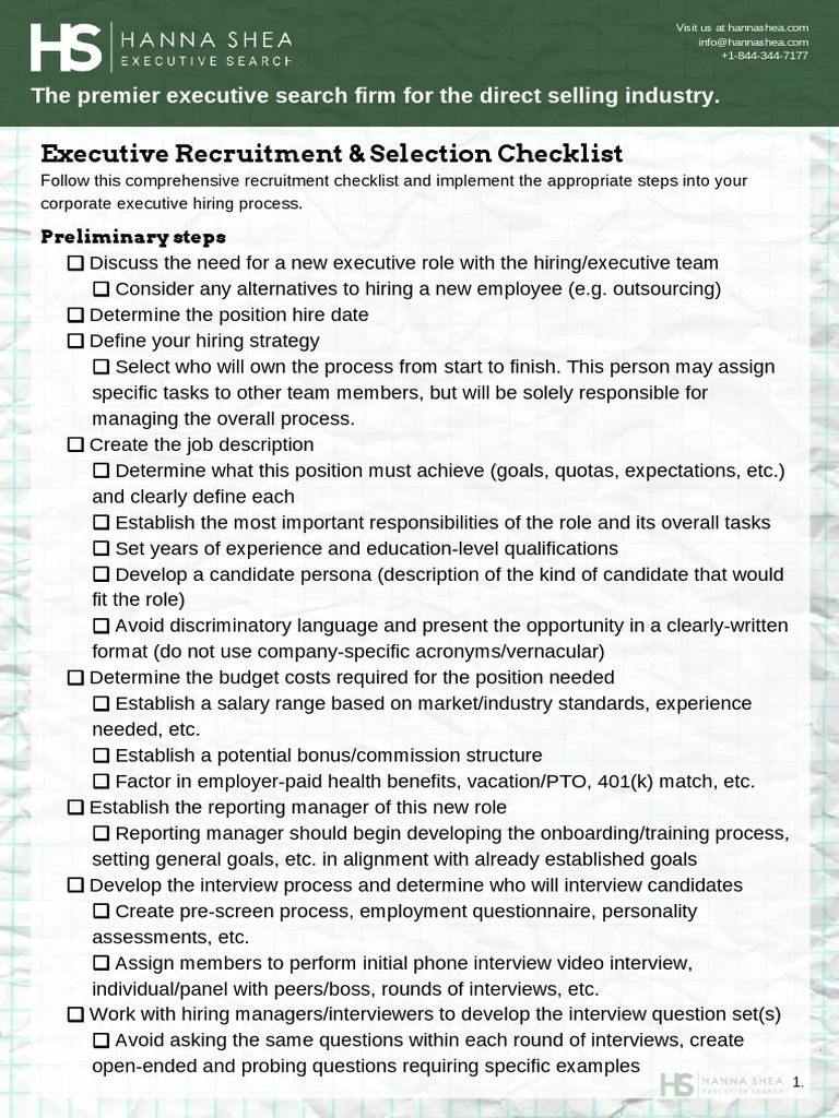 Recruitment - Hanna-Shea-Executive-Recruitment-Checklist | PDF ...