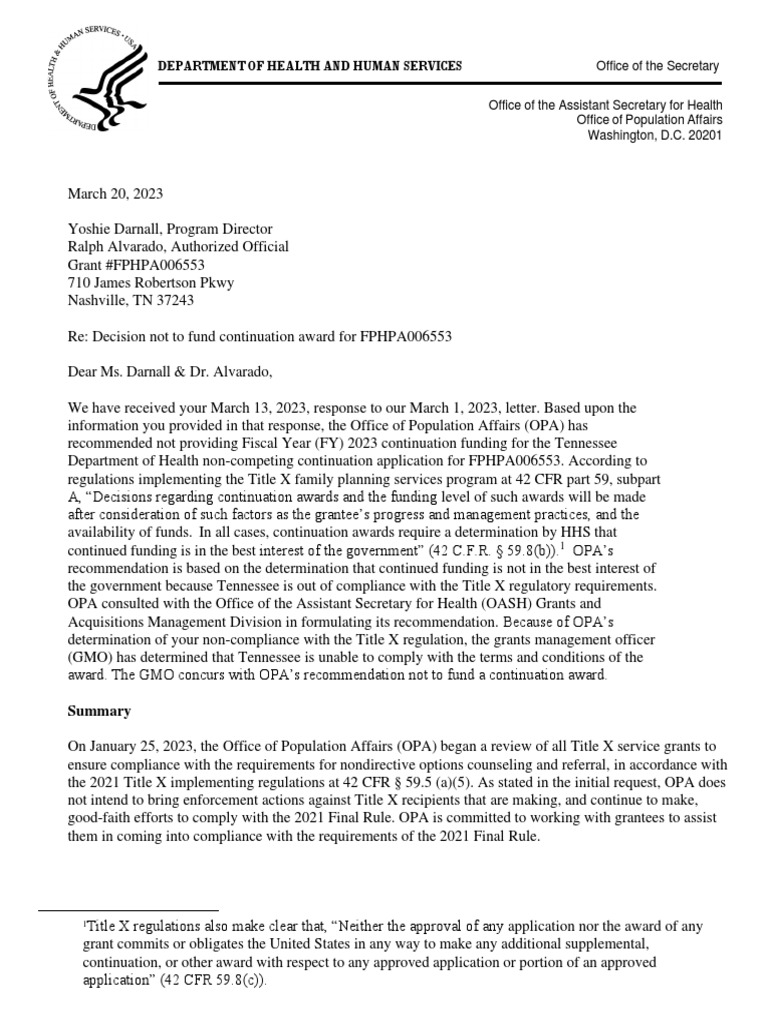 DHS Notice of Tennessee Title X Noncompliance | PDF | Regulatory ...