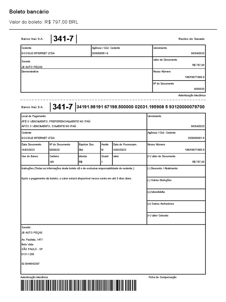 Boleto Bancário: Valor Do Boleto: R$ 797,00 BRL | Download grátis PDF ...