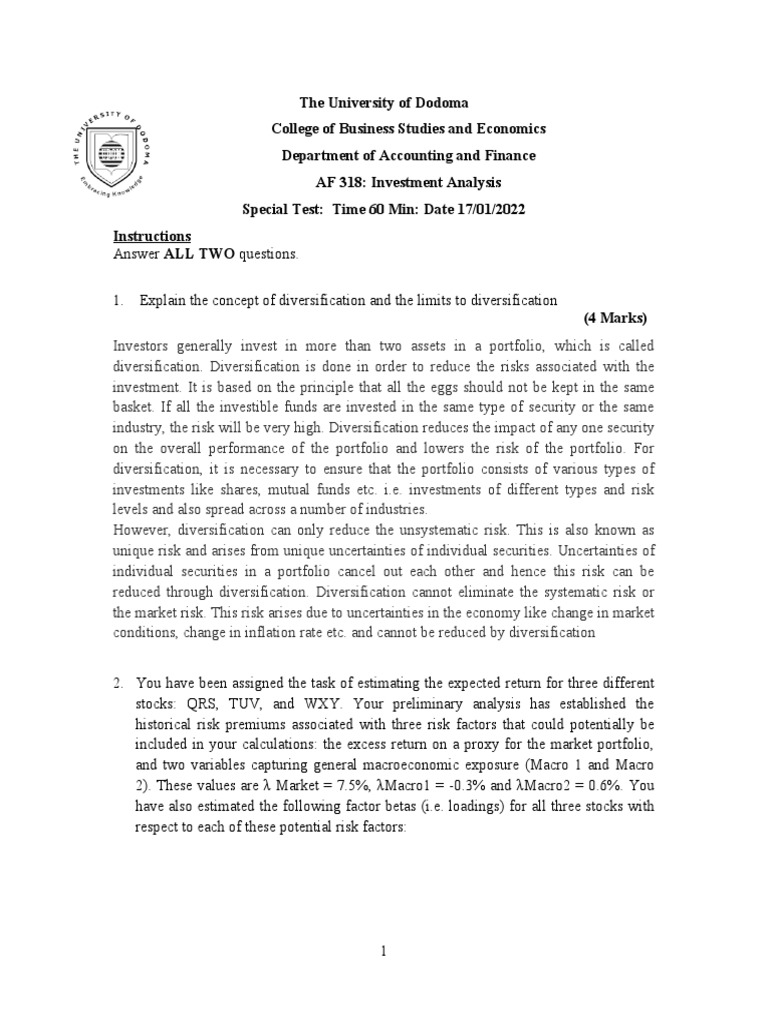AF 318 Special Test - Marking Scheme2022-2 | PDF | Diversification ...