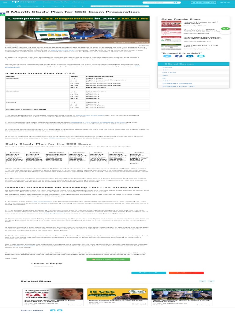 3 Month Study Plan For CSS Exam Preparation | PDF