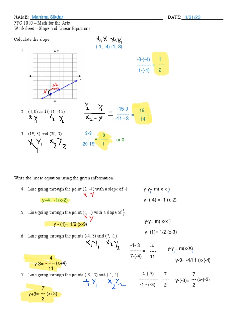 Analysis of a Math Worksheet on Slope and Linear Equations | PDF ...