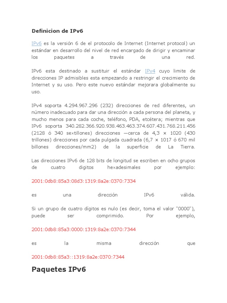 Definicion de IPv6 | PDF | Yo Pv6 | Transmisión de datos