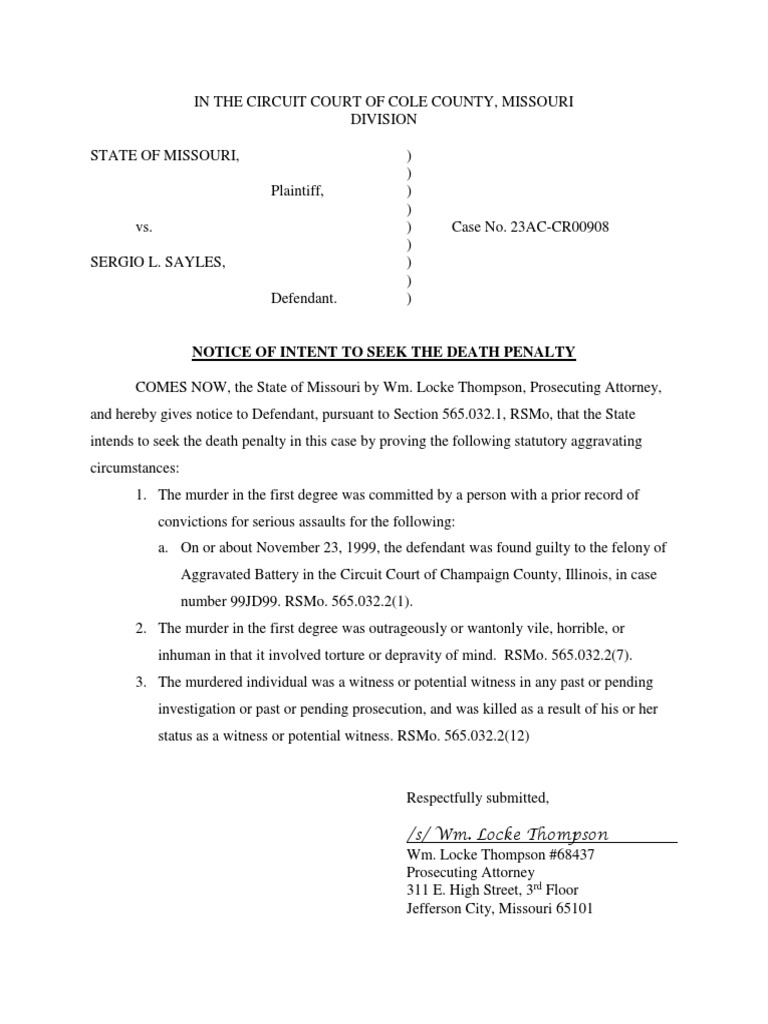 Notice of Intent To Seek Death Penalty | PDF | Murder | Wisconsin ...