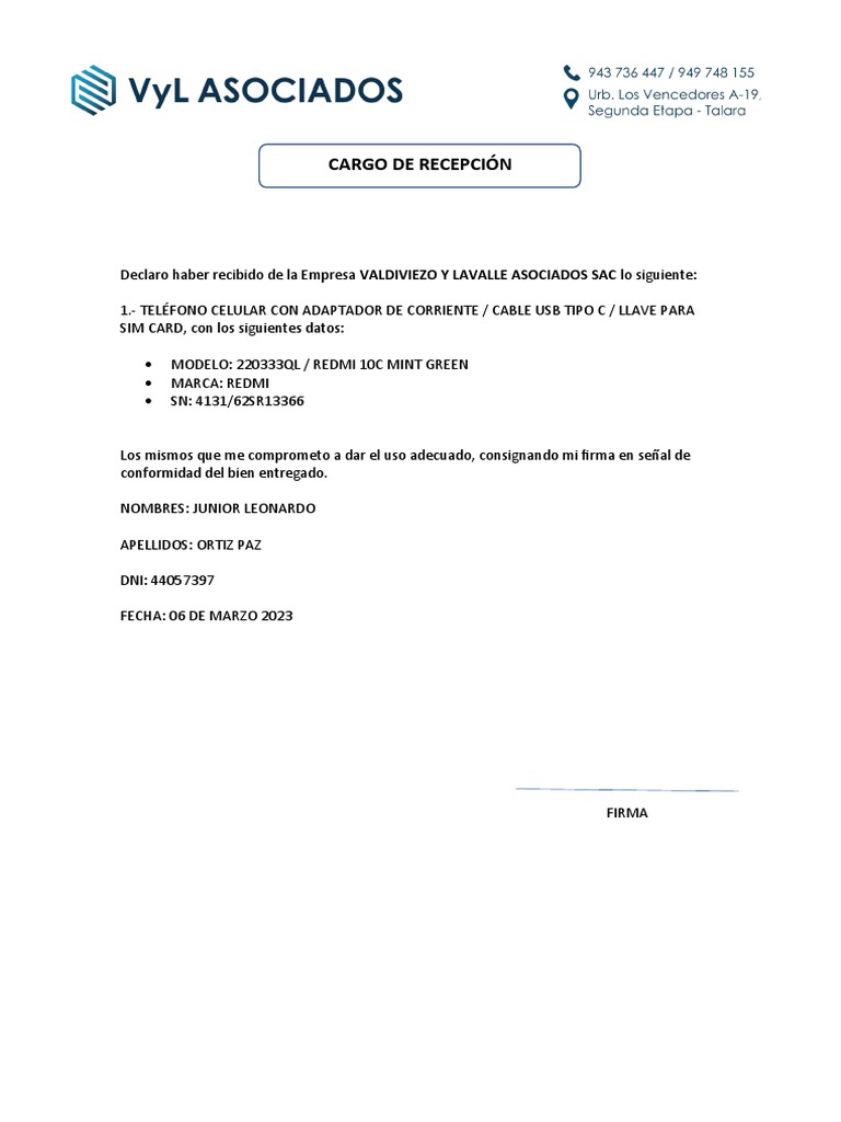 Cargo de Recepción | PDF