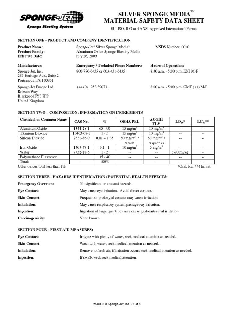 Silver Sponge Media Material Safety Data Sheet: % Sio2 % Quartz +3 ...