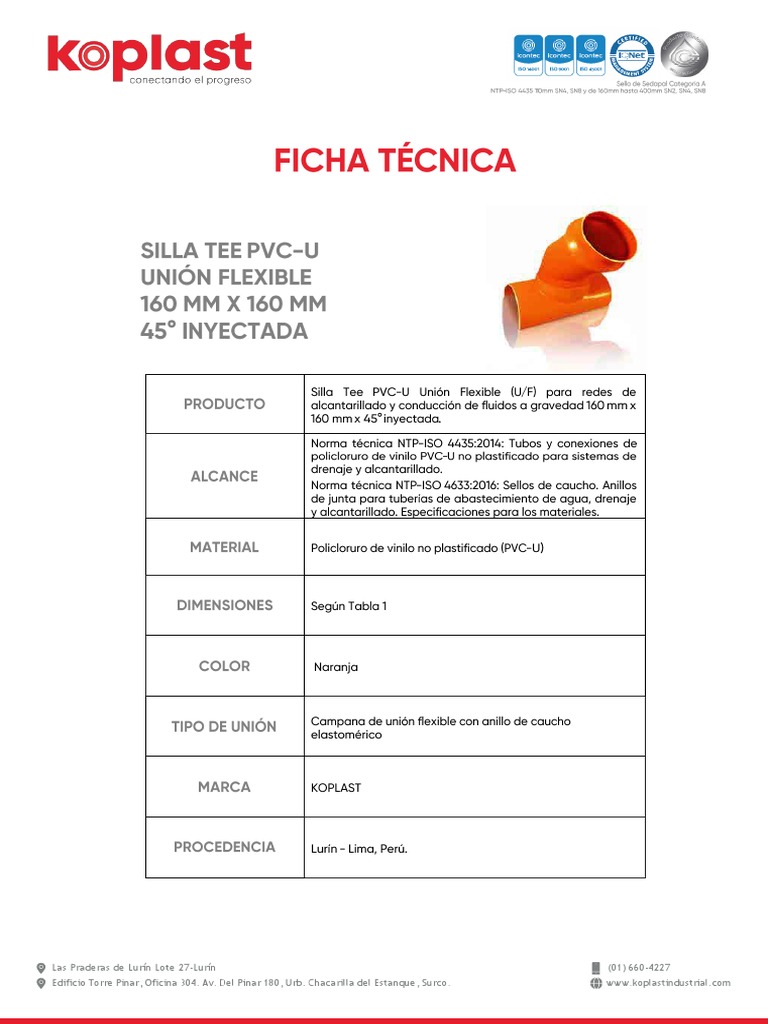 Ficha Técnica Silla Tee Pvc-U - Alcantarillado - 160 MM X 160 MM X 45 ...