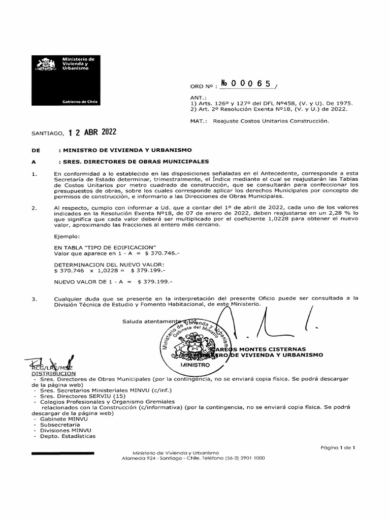 Oficio 65 REAJUSTE 2do Trimestre COSTOS UNITARIOS CONSTRUCCION | PDF