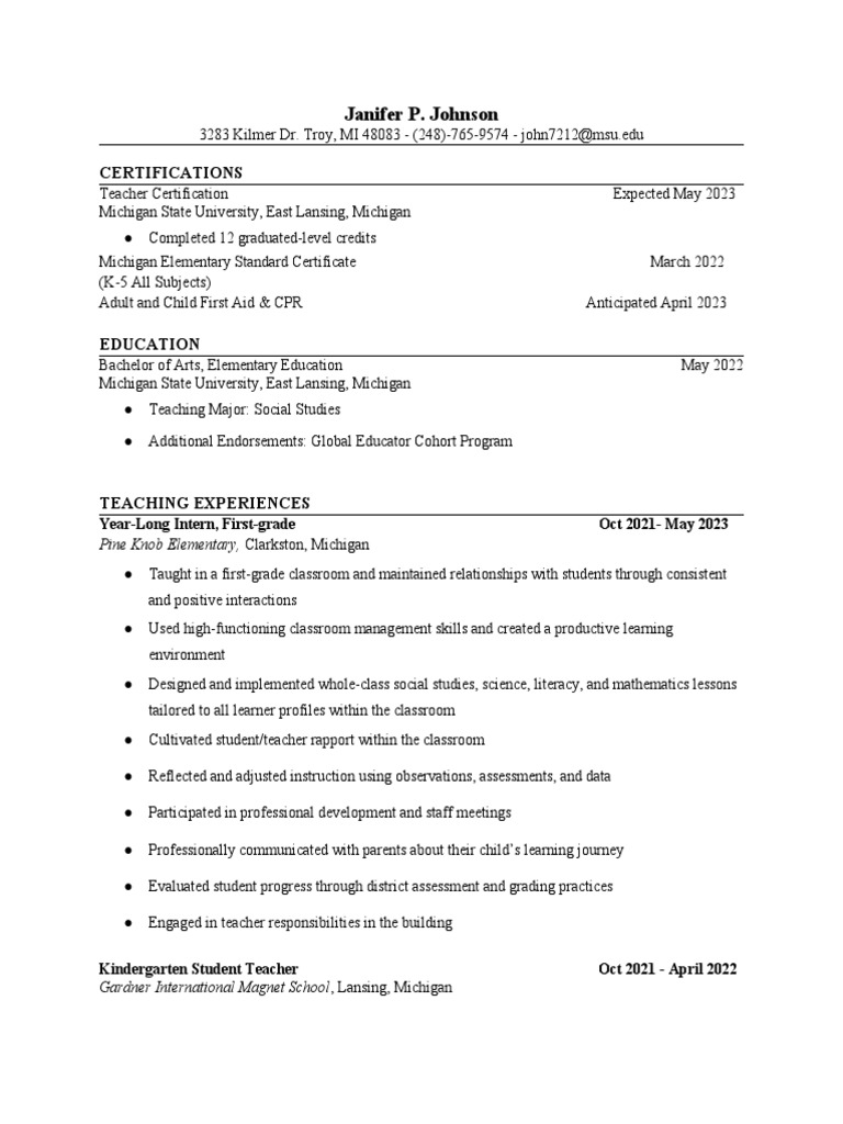 2023 Johnson Resume-2 | PDF | Teachers | Classroom