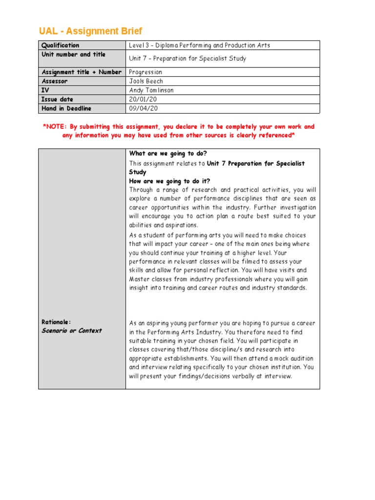 UAL - Assignment Brief | PDF | Learning | Behavior Modification